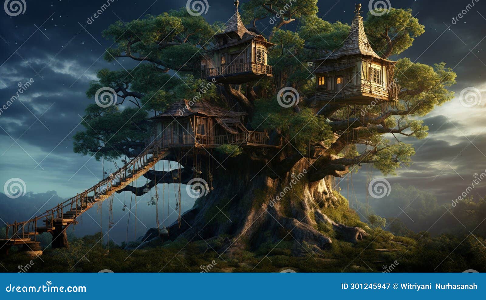 Gigantic Tree with House Inside. Fantasy Tree House Stock Illustration ...