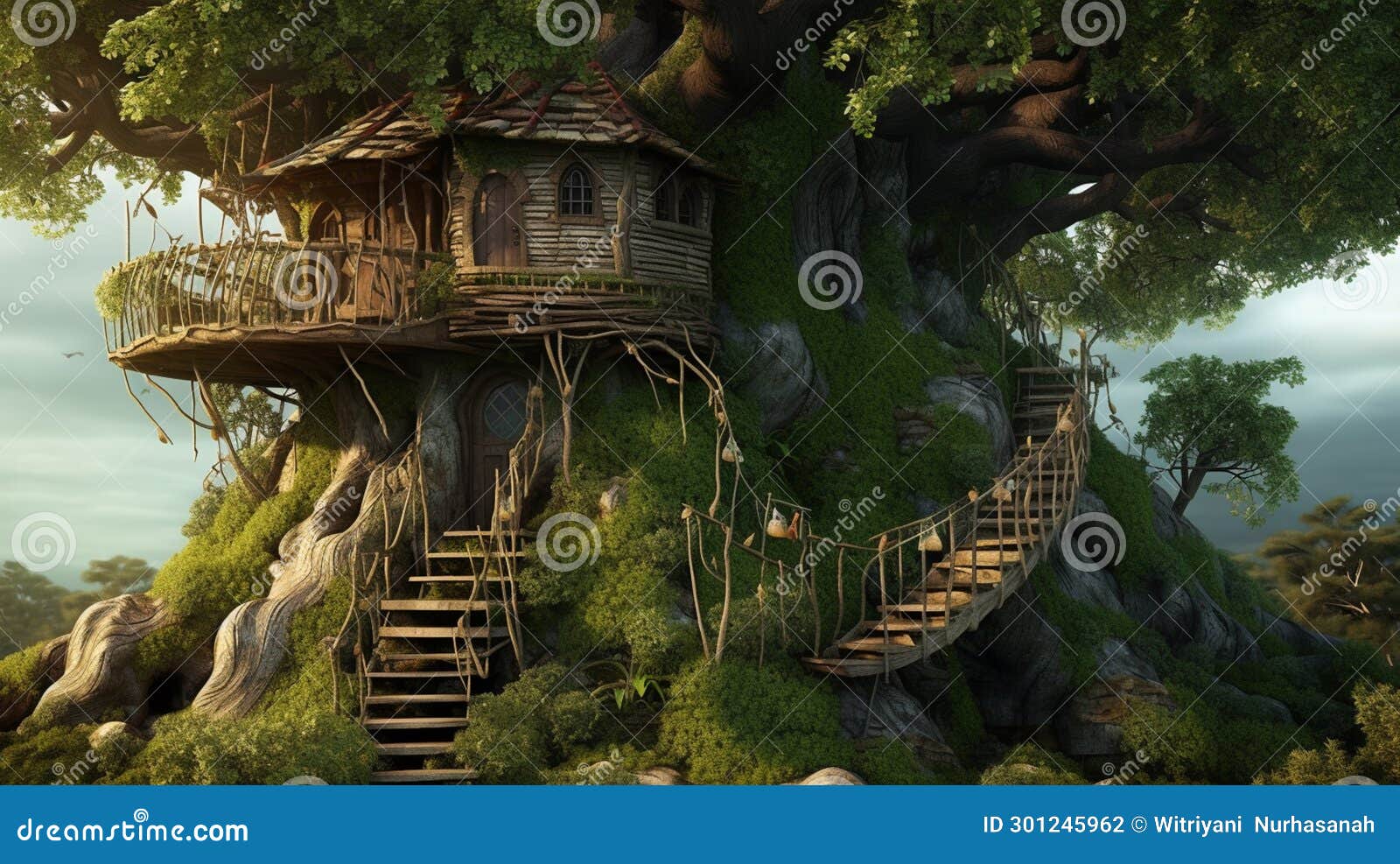 Gigantic Tree with House Inside. Fantasy Tree House Stock Illustration ...