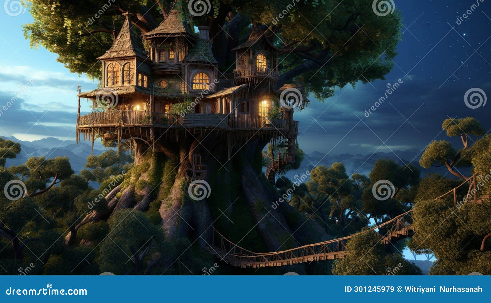 Gigantic Tree with House Inside. Fantasy Tree House Stock Illustration ...