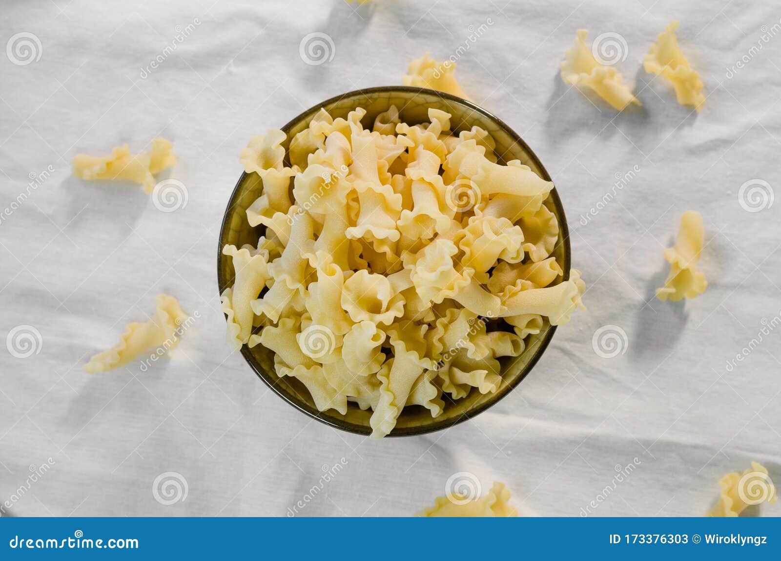 Gigli Pasta in Little Ceramic Bowl on White Fabic. Stock Image - Image ...