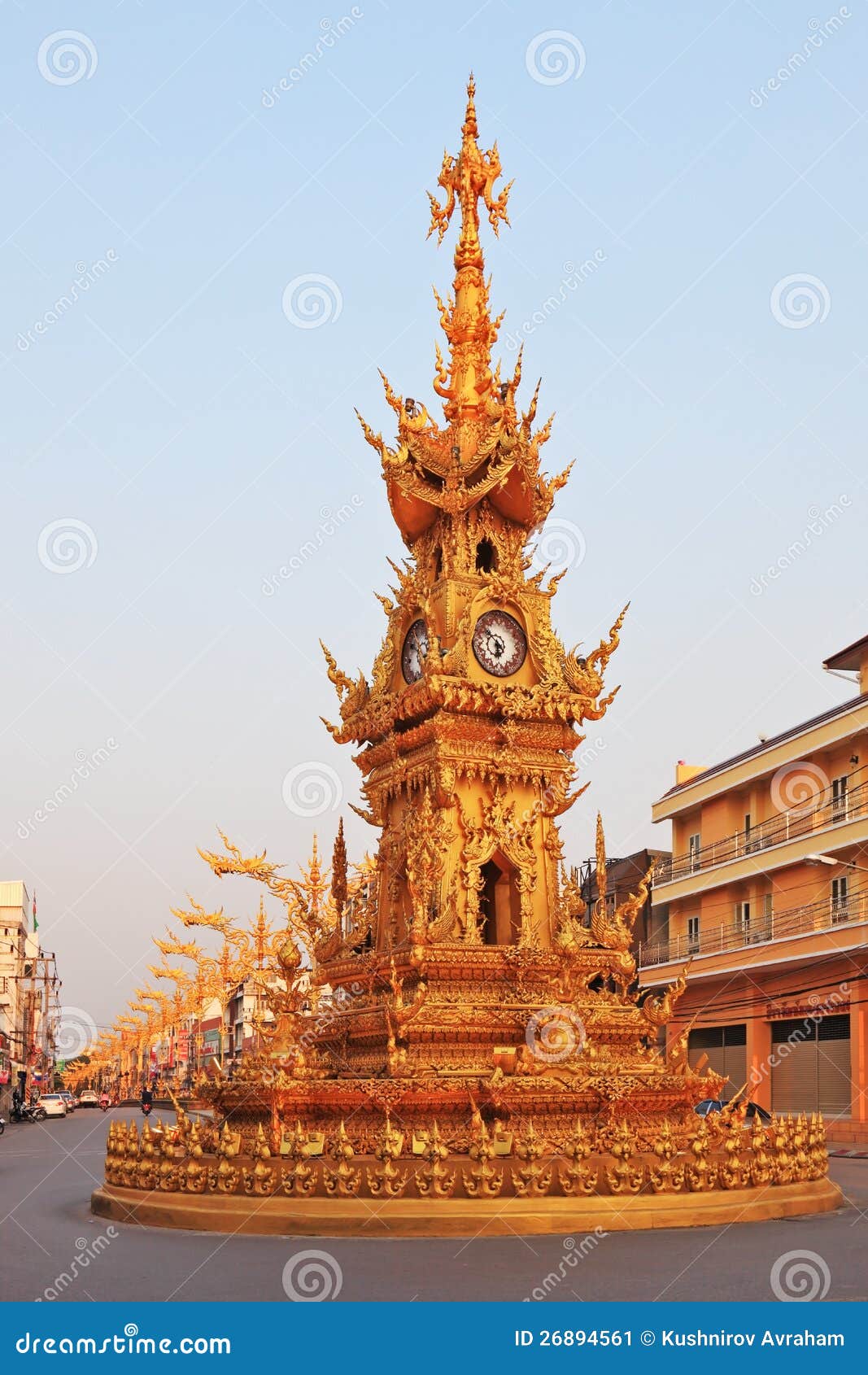 The Gilded Clock Tower in the Town Square Stock Image - Image of ...