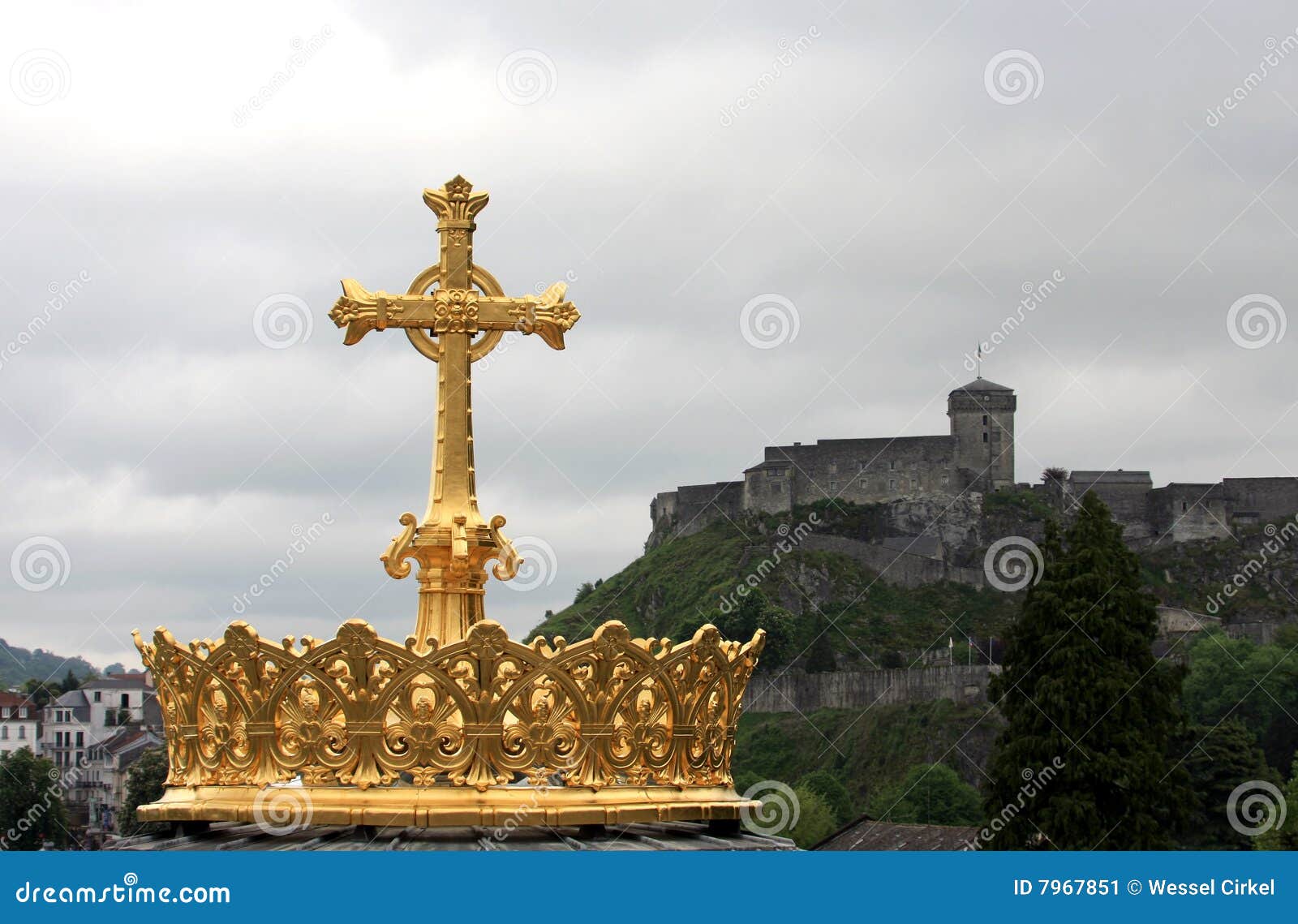 The Gilded Crown of the Lourdes Basilica Stock Image - Image of cross ...