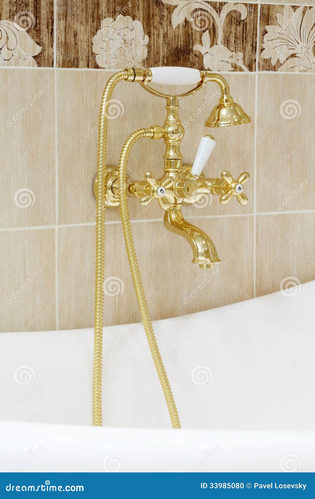 Gilded Faucet with Shower Heads in Empty Bathroom. Stock Photo - Image ...