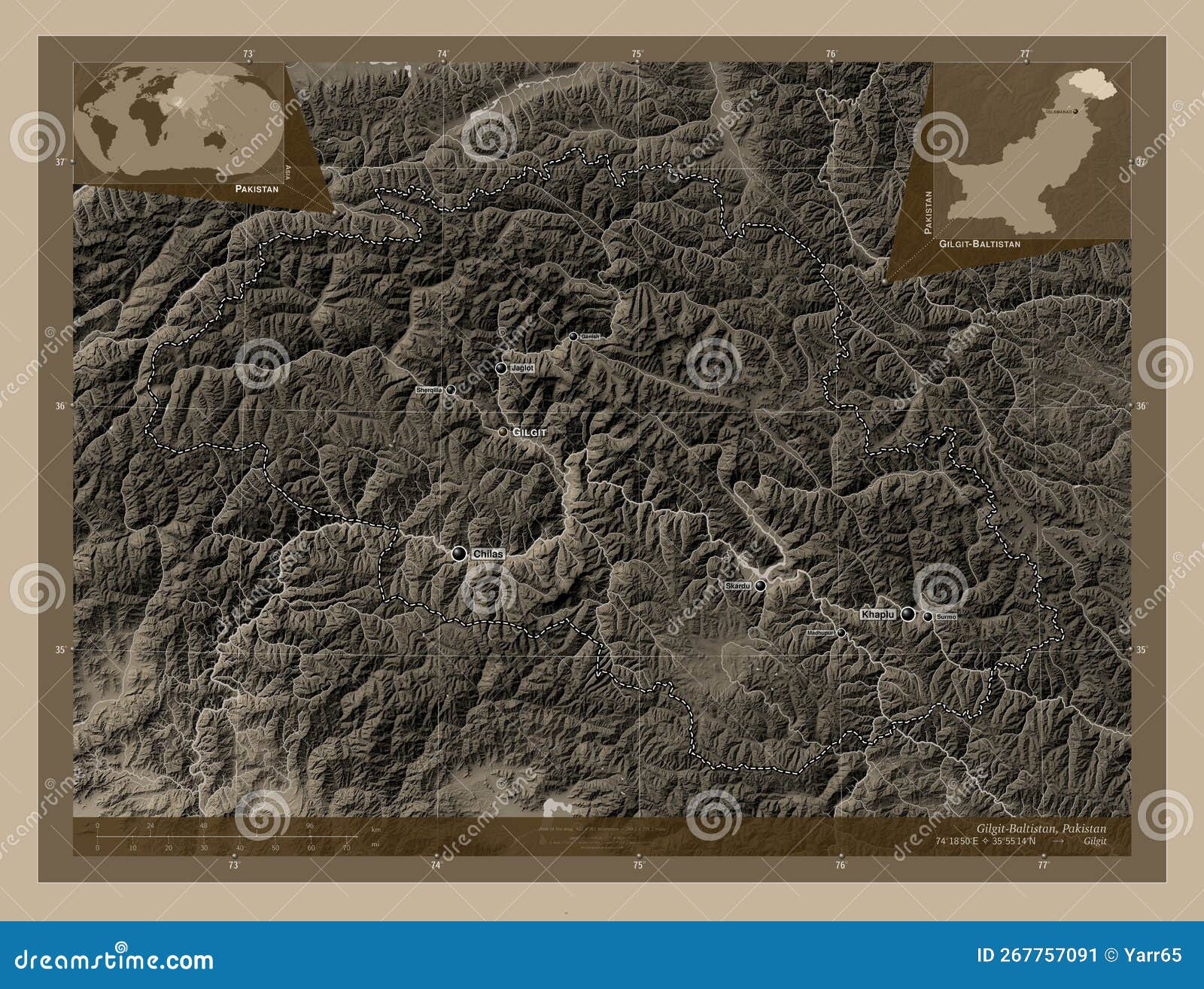 Gilgit-Baltistan, Pakistan. Sepia. Labelled Points of Cities Stock ...
