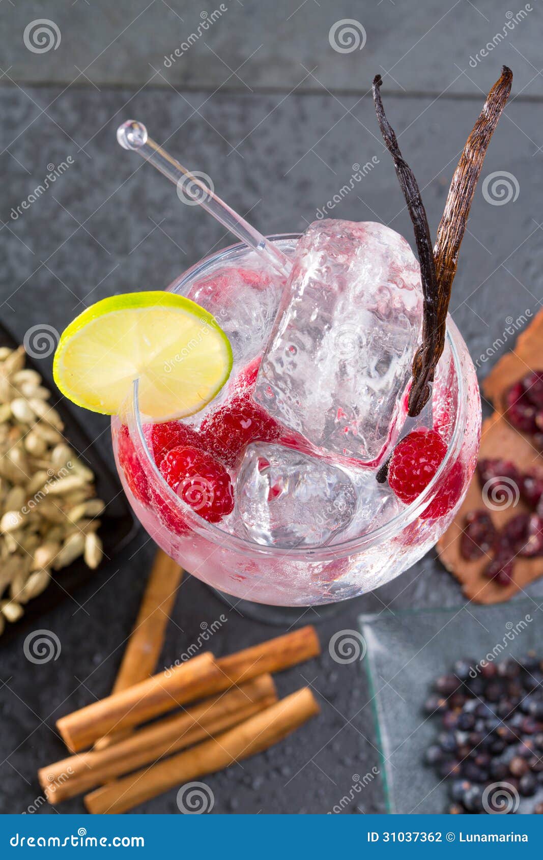 Gin Tonic Cocktail with Vanilla Raspberry Lima Slice and Ice Stock ...
