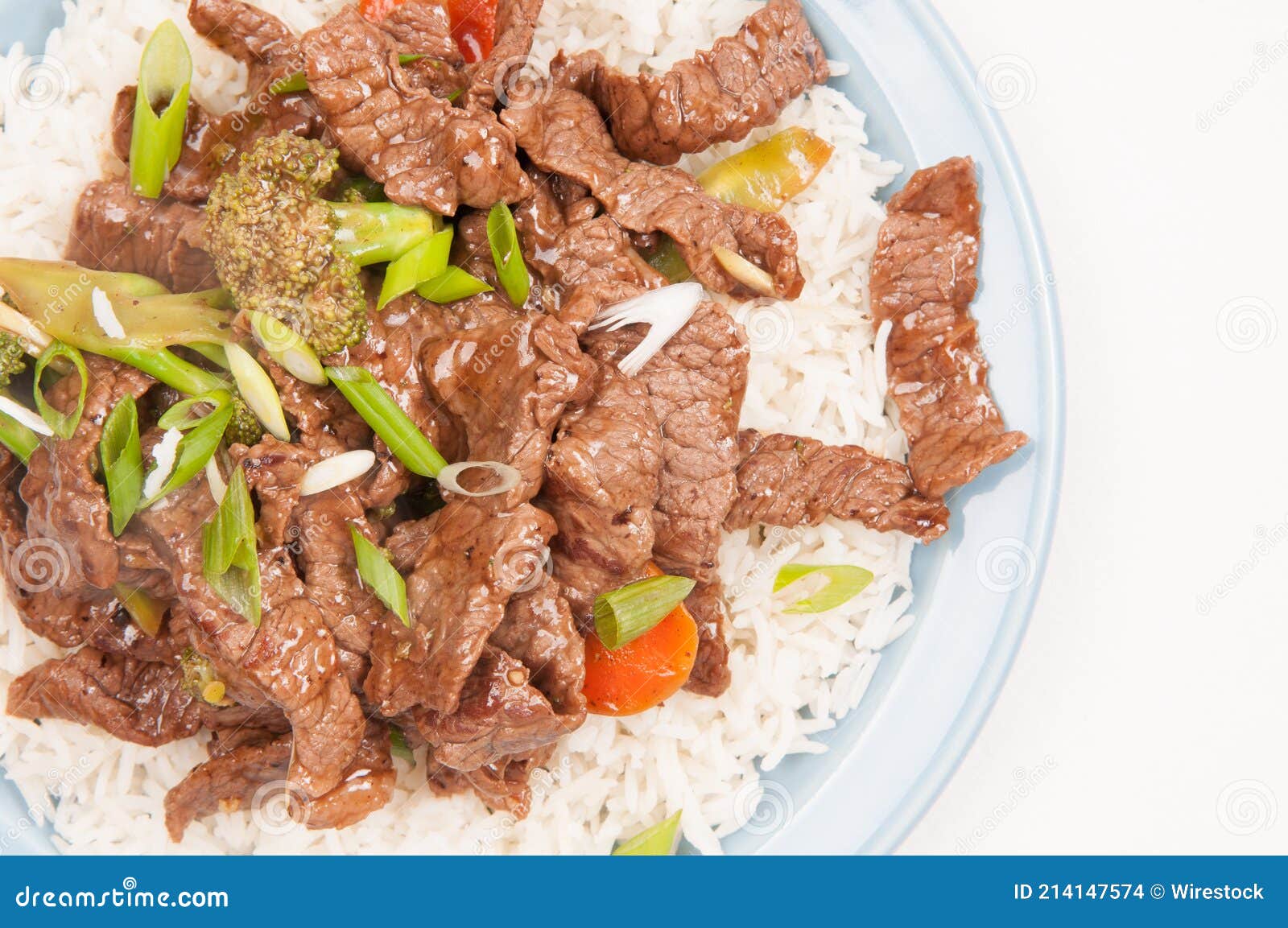 Ginger beef with rice stock photo. Image of green, meat - 214147574