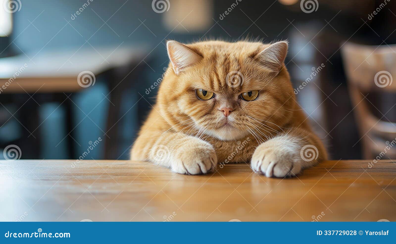 A Ginger Cat with a Grumpy Face is Sitting Alone on a Table, Looking at the Camera with an ...