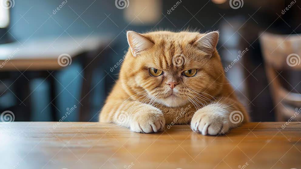 A Ginger Cat with a Grumpy Face is Sitting Alone on a Table, Looking at ...