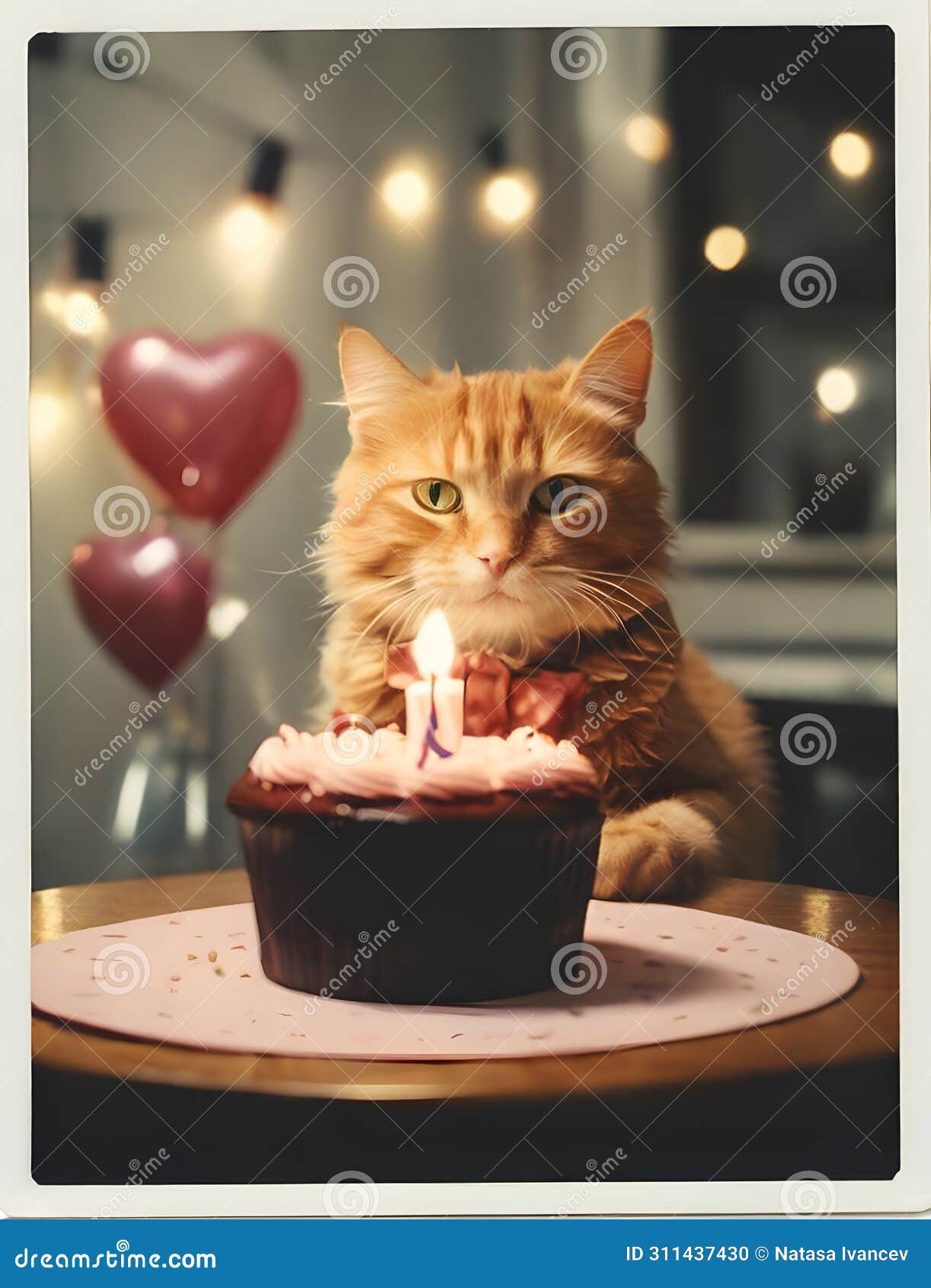 Ginger Cat Having a Birthday in Front of a Cake Stock Illustration ...
