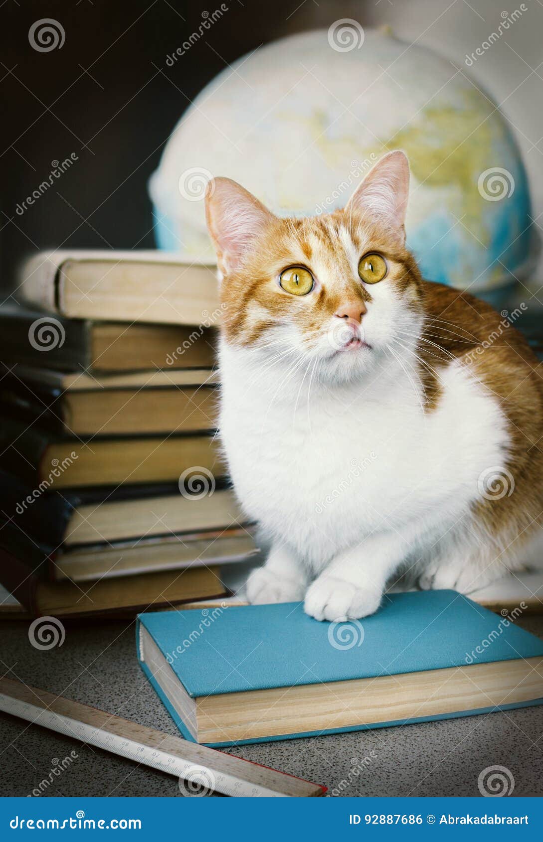 Ginger Cat with Old Books and Globe, Librarian Cat, Education Stock ...
