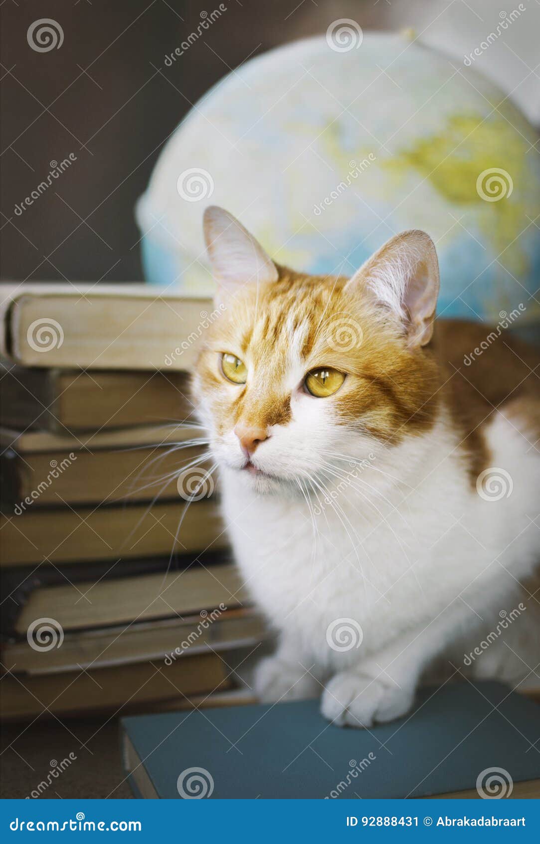 Ginger Cat with Old Books and Globe, Librarian Cat, Education Stock ...