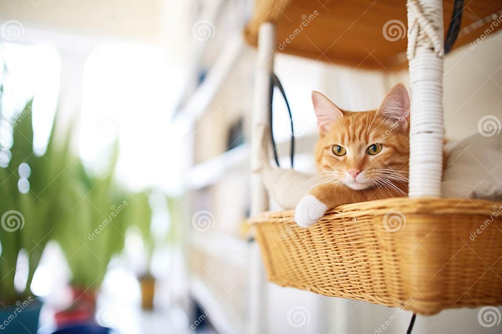 Ginger Cat Resting in a Basket Attached To the Cat Tree Stock ...