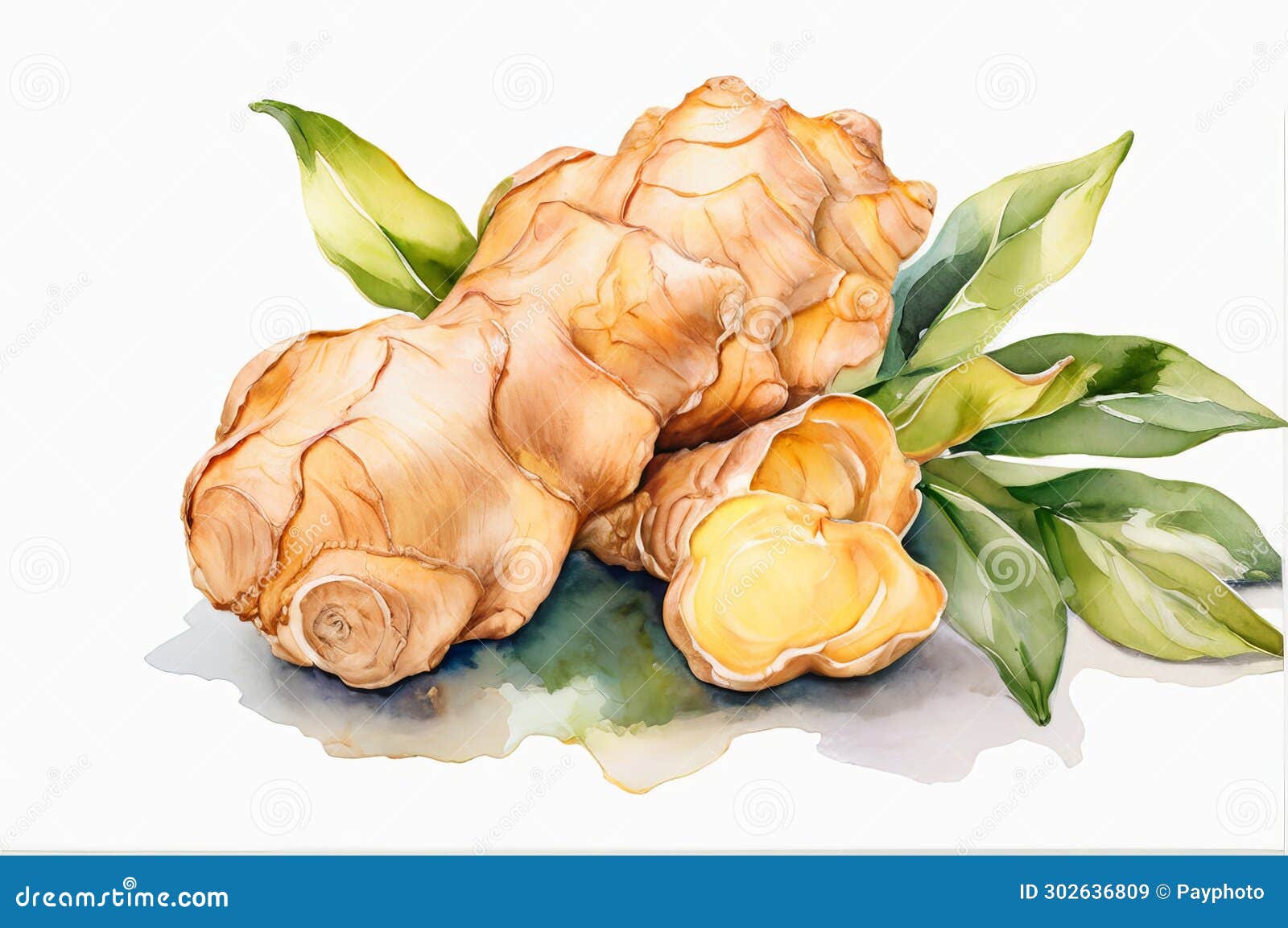 Ginger Elegance: Watercolor Painting of Ginger Root on White Background ...