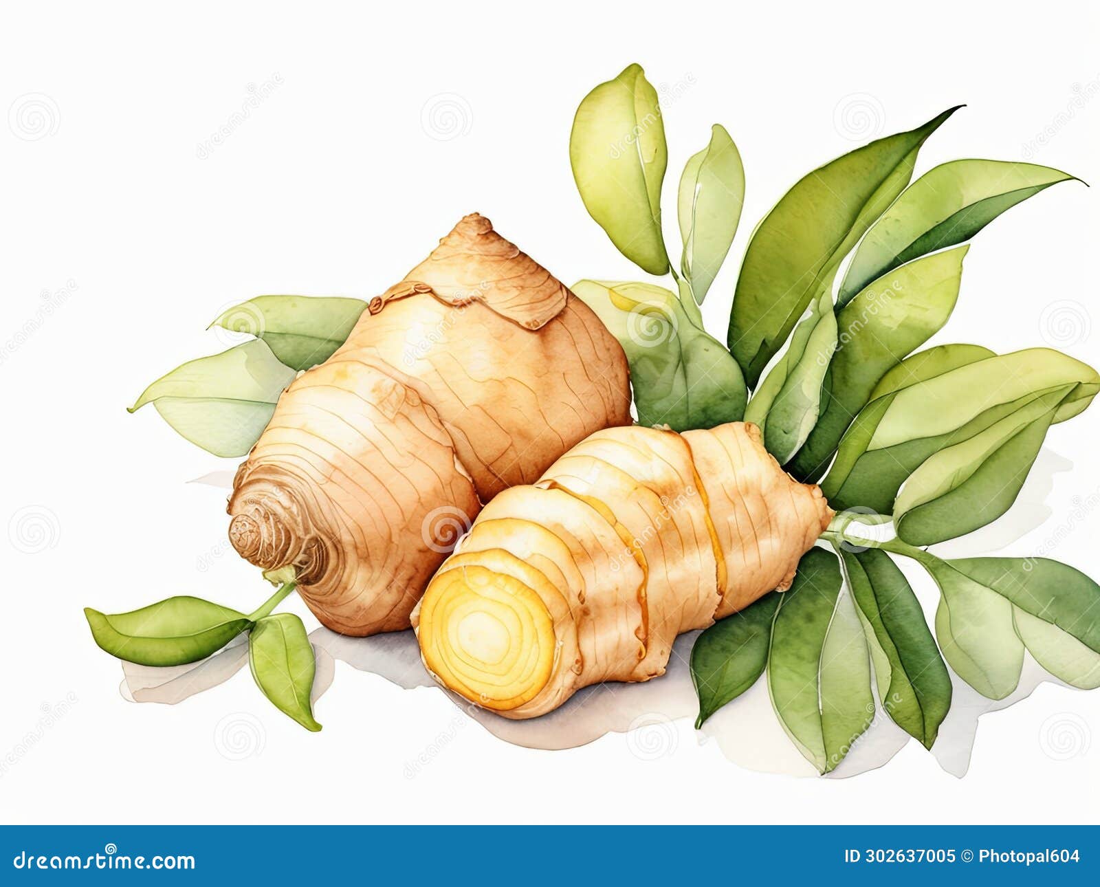 Ginger Elegance: Watercolor Painting of Ginger Root on White Background ...