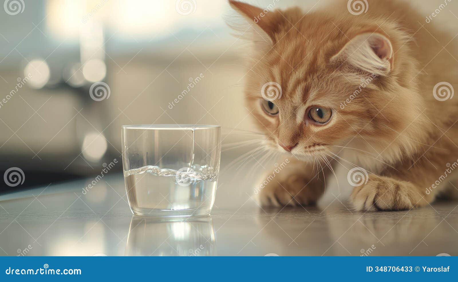 Ginger Kitten Making a Mess by Knocking Over a Glass of Water on a ...