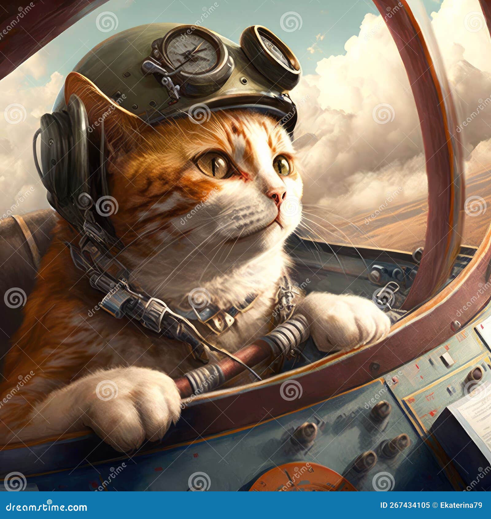 A Ginger Pilot Cat in a Helmet Piloting an Aircraft through the Cloudy ...
