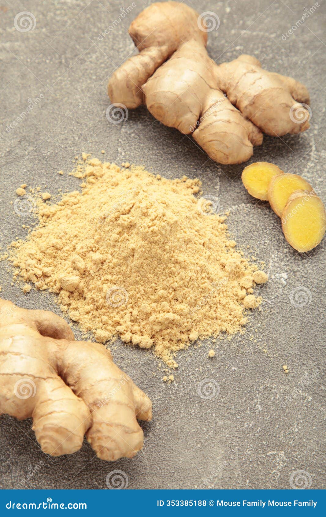Ginger Powder with Fresh Ginger Root on Grey Concrete Background. Top ...