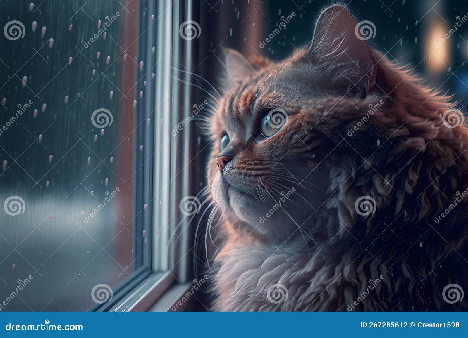 Ginger Realistic Sad Cat Looks Out the Window with Falling Snow. Stock ...