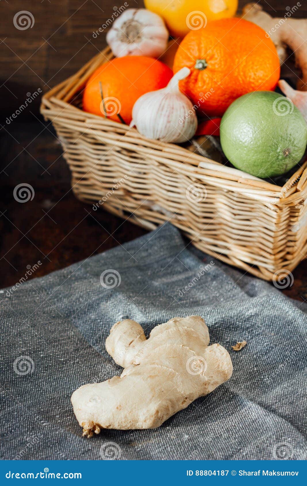 Ginger Root Behind the Basket with Fruits and Vegetables. Stock Image ...