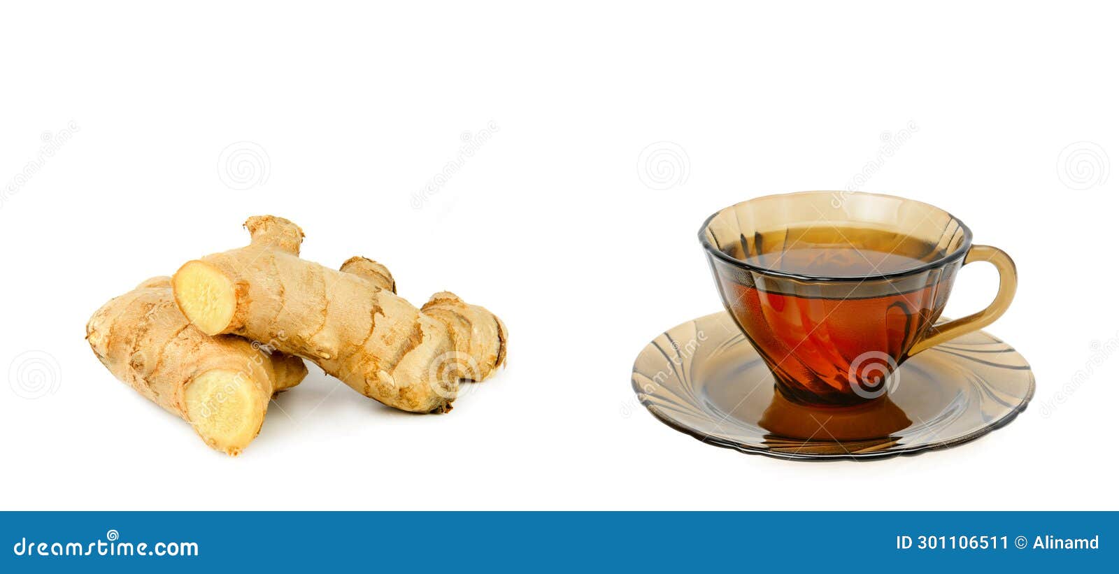 Ginger Root and Ginger Tea in a Cup Isolated on a White. Collage. Wide ...