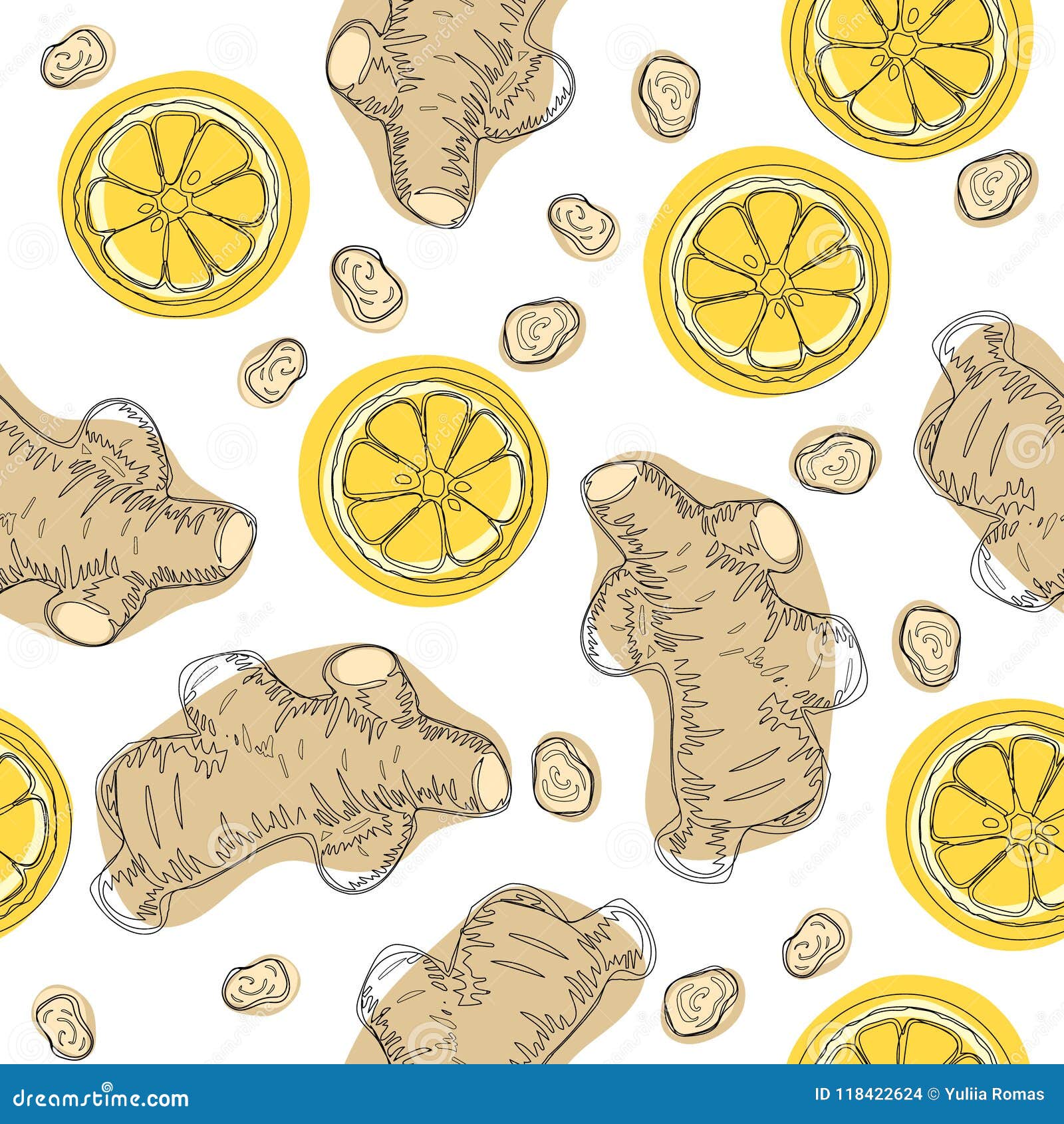 Ginger Roots with Lemon. Hand Draw Ingredient for Warming Tea. Whole ...