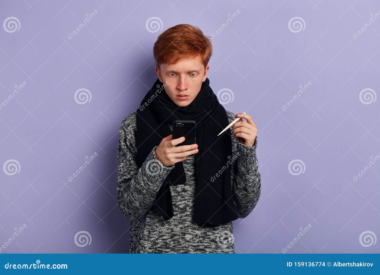 Ginger Sick Weak Puzzled Man Cannot Make a Phone Call, Stock Photo ...