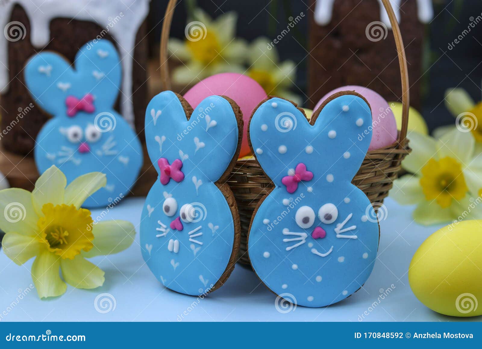Gingerbread Blue Rabbits in the Easter Composition with Eggs and Easter ...