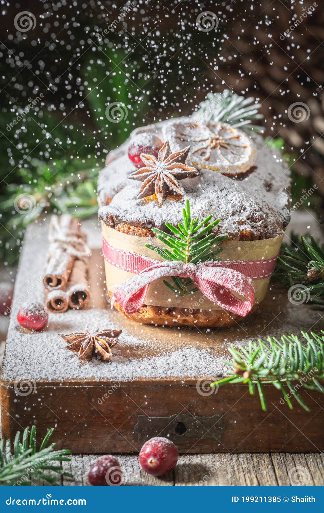 Gingerbread Cake for Christmas and Falling Powdered Sugar Stock Image ...