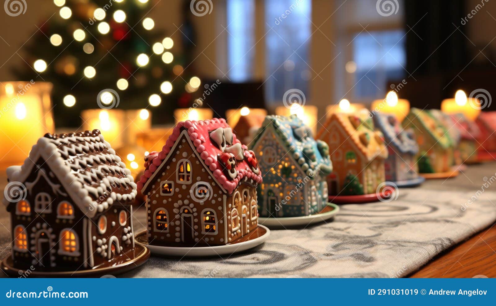 Gingerbread House with Blurred Garland Lights Background Stock Image ...