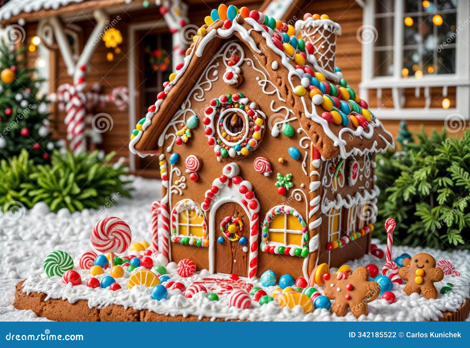Gingerbread House with Candy Decorations and Piped Icing Trim ...