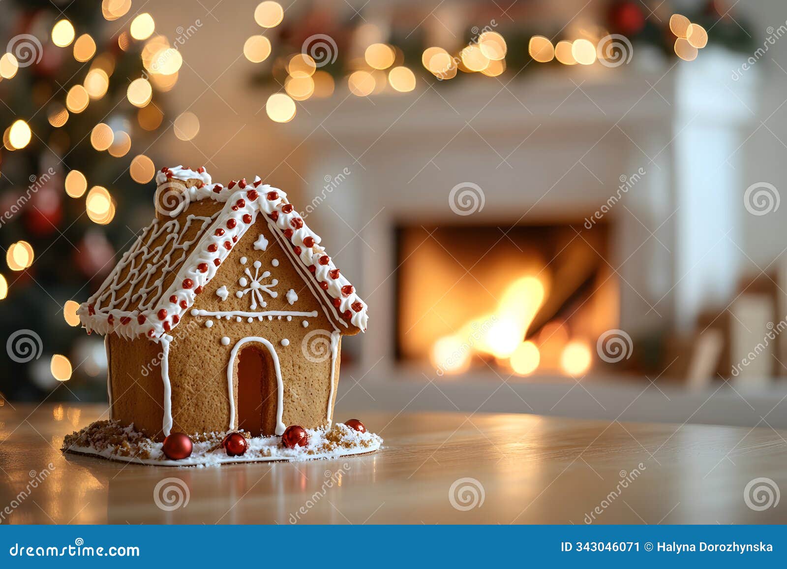 A Gingerbread House with Colorful Icing and Candy Sits by a Warm ...