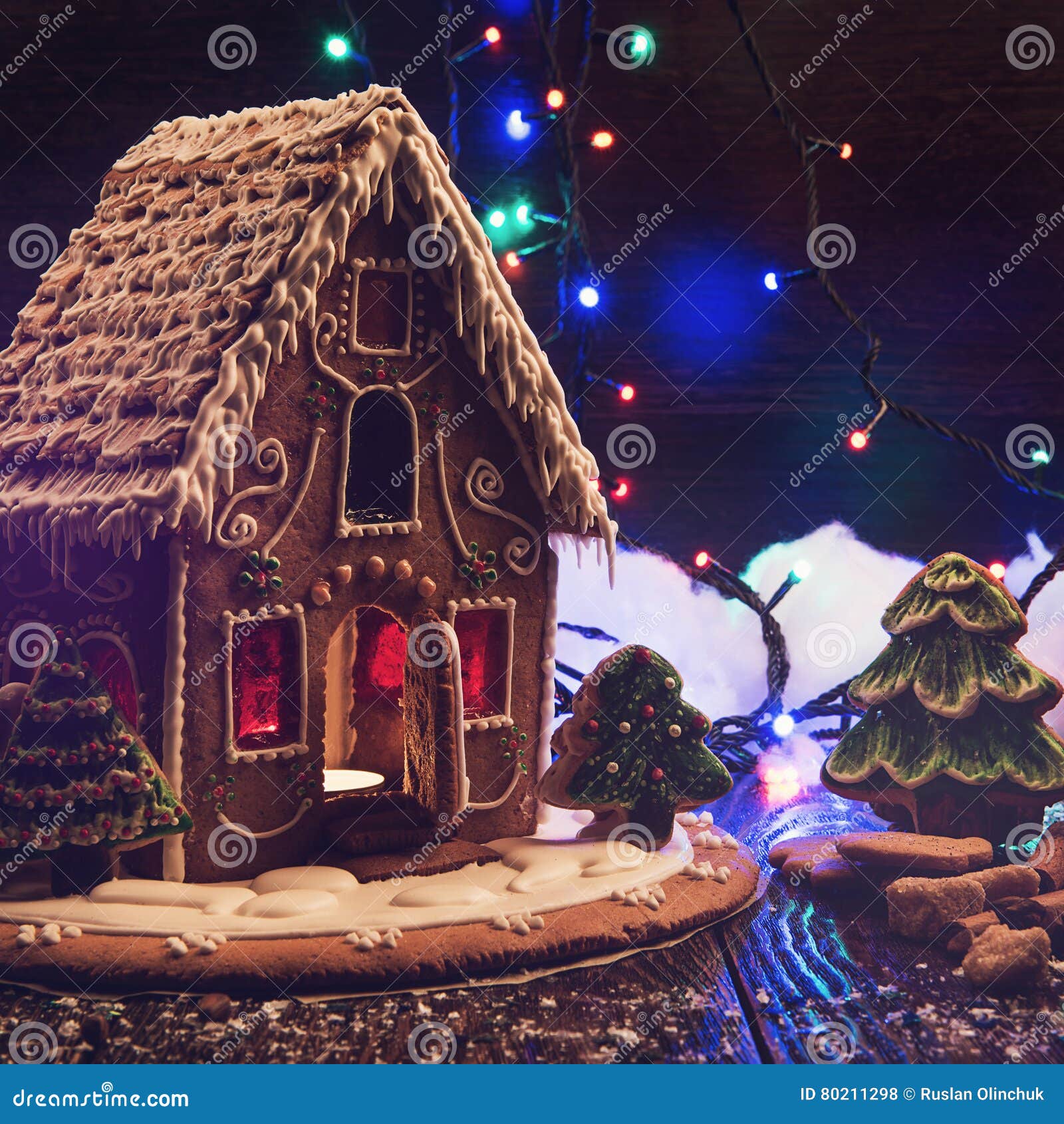 Gingerbread House with Lights Stock Photo - Image of colorful, brown ...