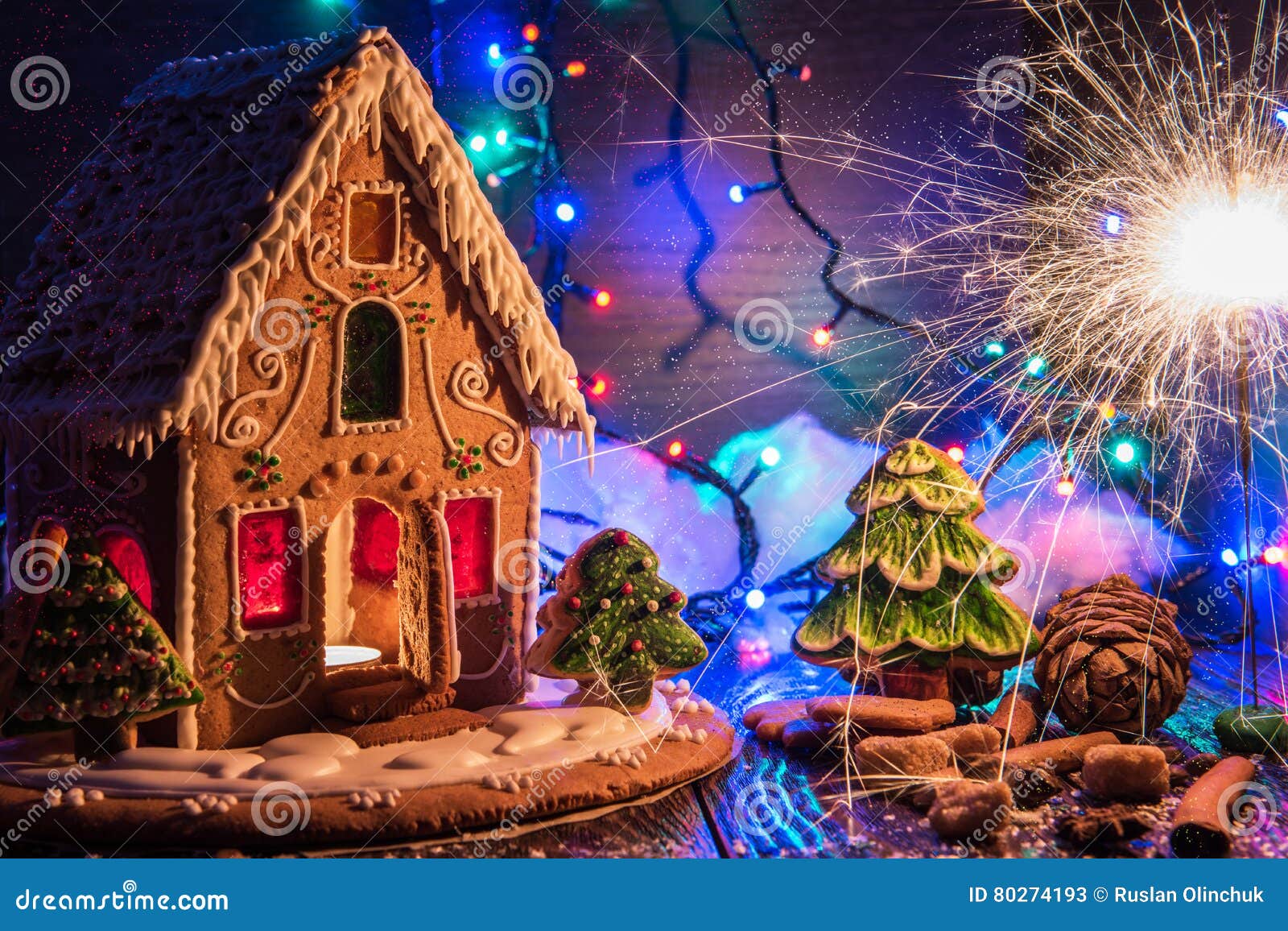 Gingerbread House with Lights Stock Image - Image of frosting, cookie ...