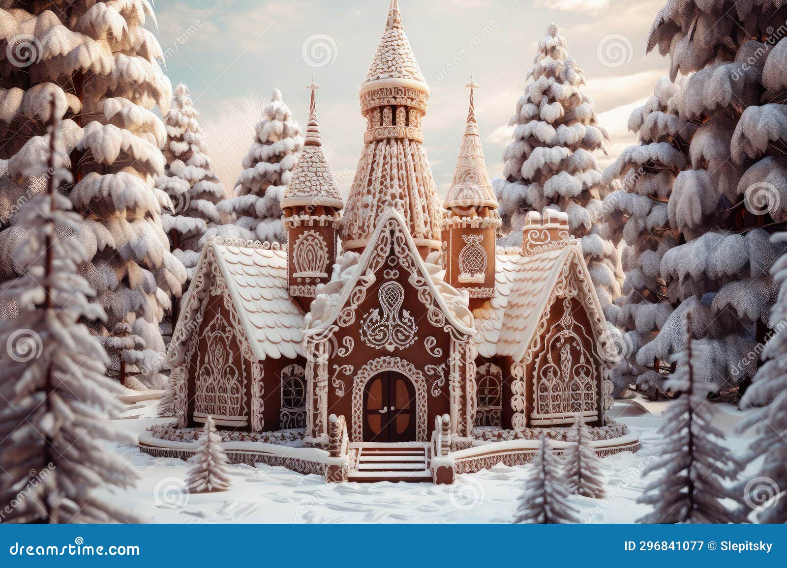 Gingerbread House in Snow Forest Stock Illustration - Illustration of ...