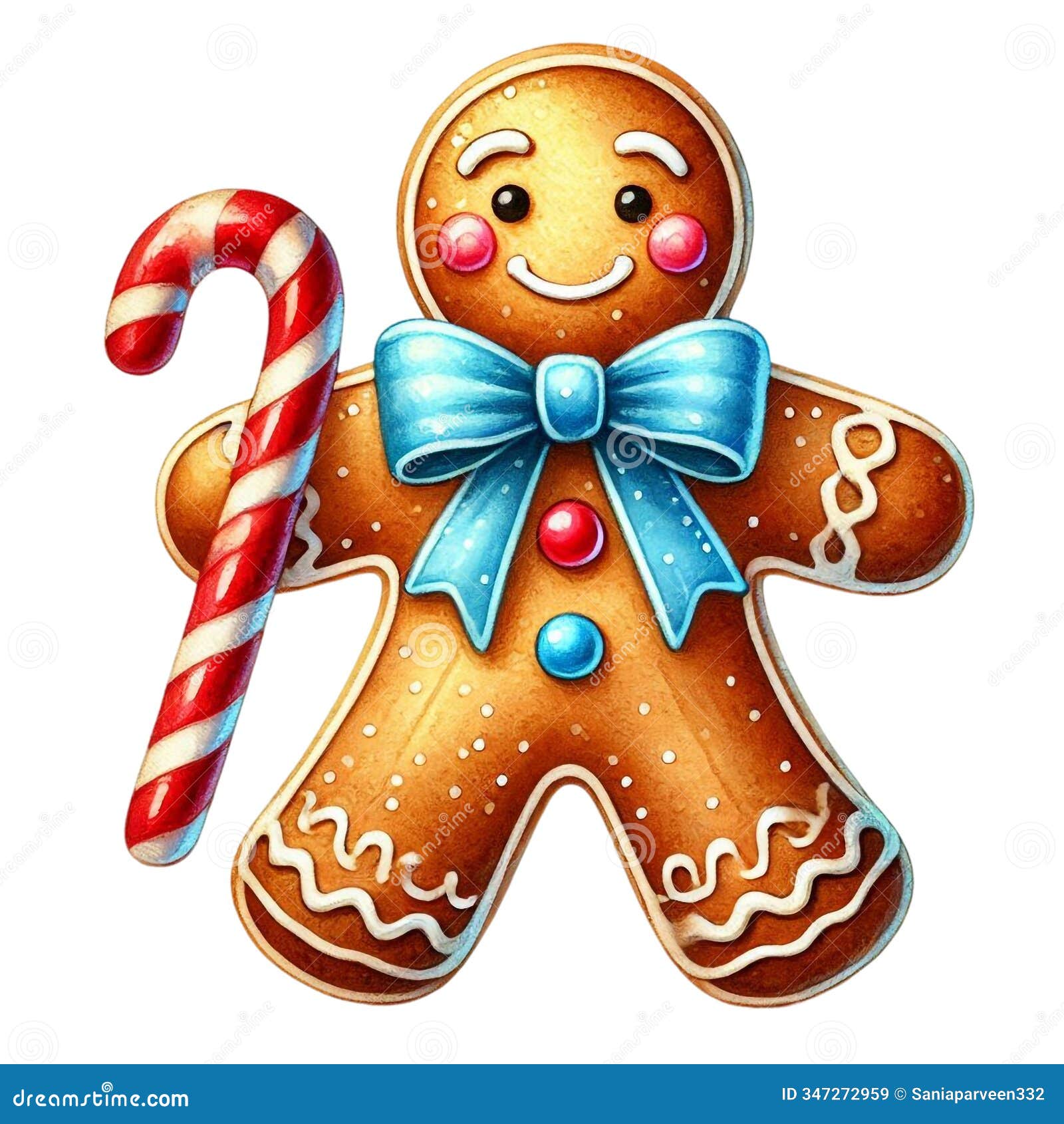 Gingerbread Man with Blue Coquette Bow and Holding a Candy Cane ...