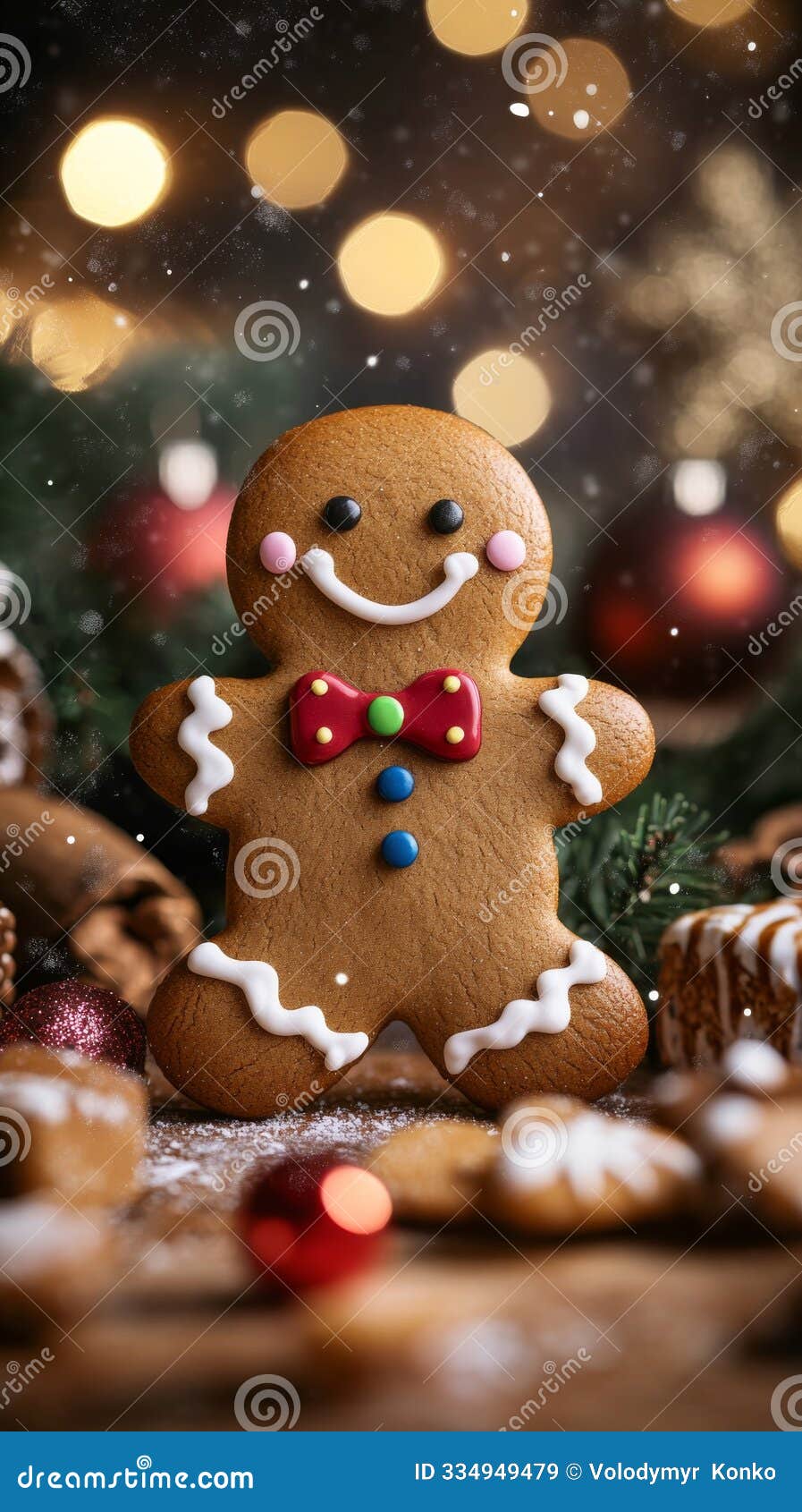 Gingerbread Man with Colorful Decorations on Festive Background Stock ...