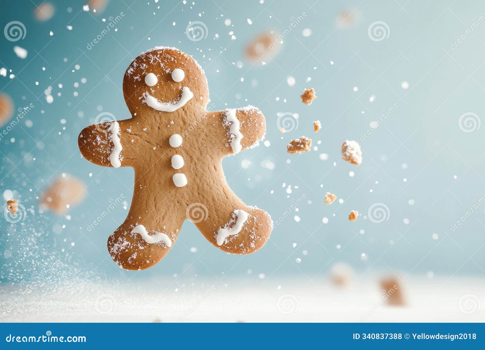 Gingerbread Man Cookie in Midair with Falling Sugar on Blue Background ...
