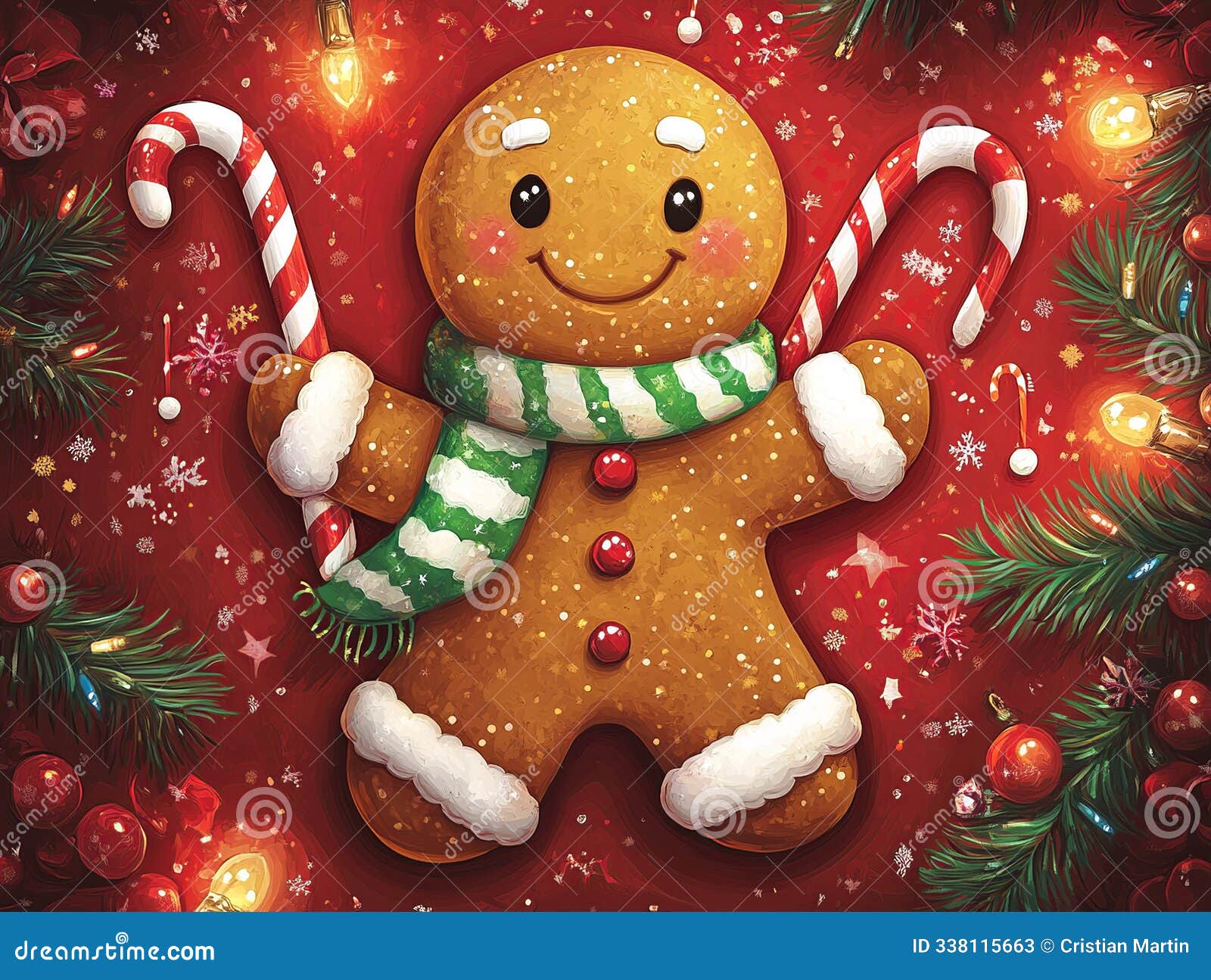 A Gingerbread Man is Holding Two Candy Canes in a Festive Scene Stock ...