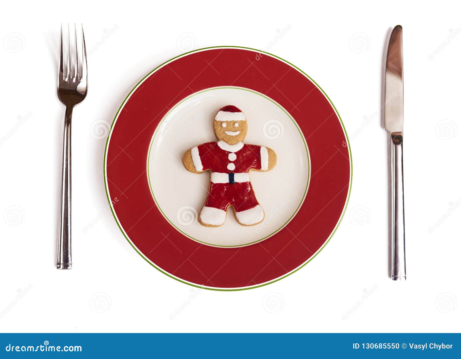 Gingerbread Man In Red Palte With Fork And Knife On White Backgr Stock ...