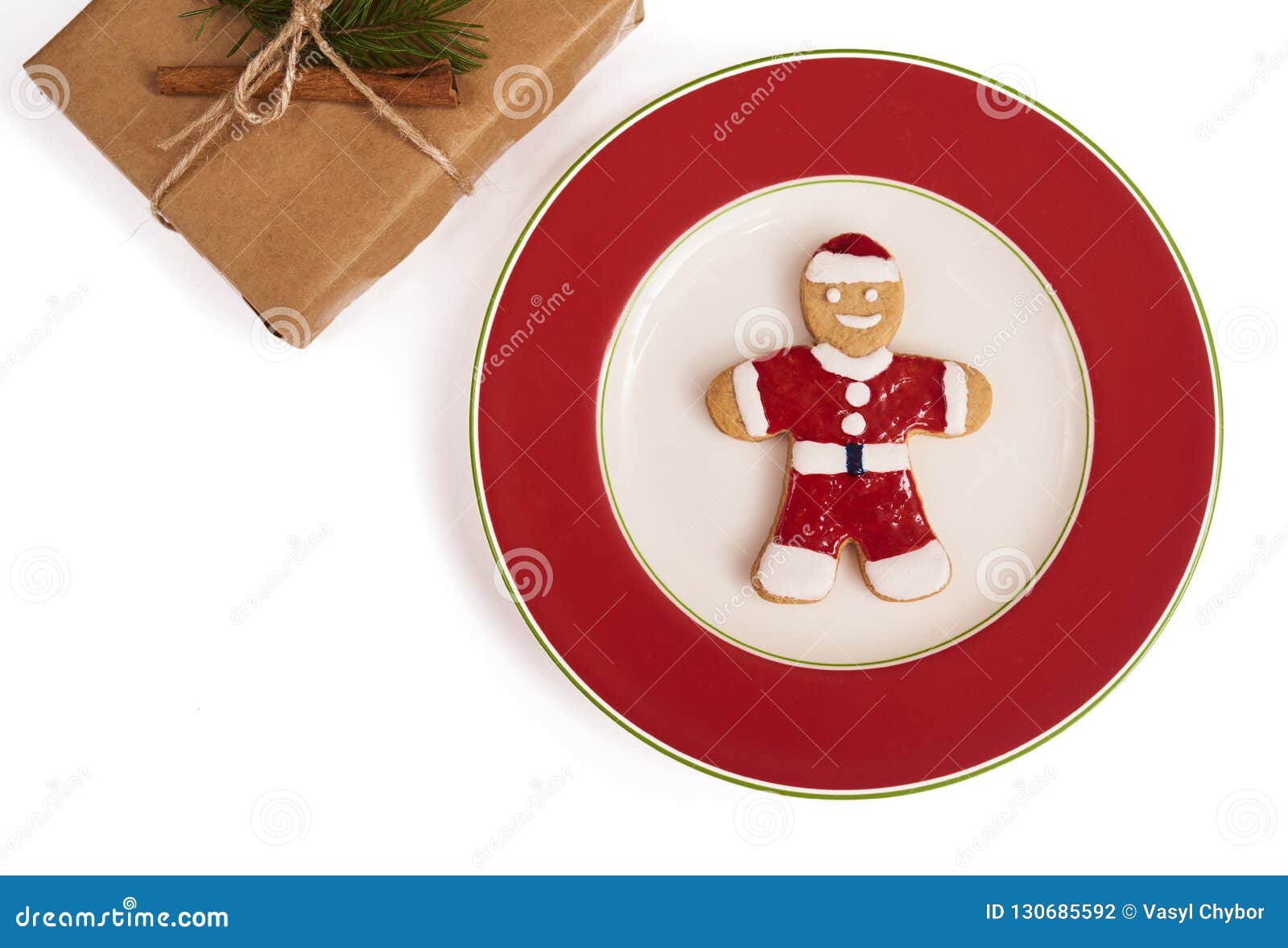 Gingerbread Man in Red Palte on White Background Stock Photo - Image of ...
