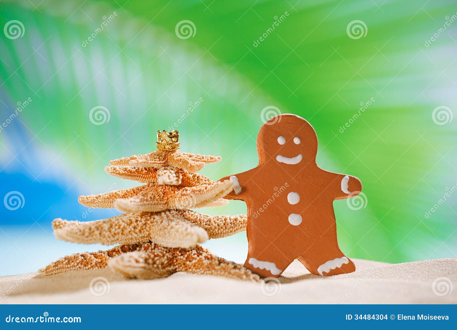 Gingerbread Man and Starfish Christmas Tree on Beach with Seascape ...