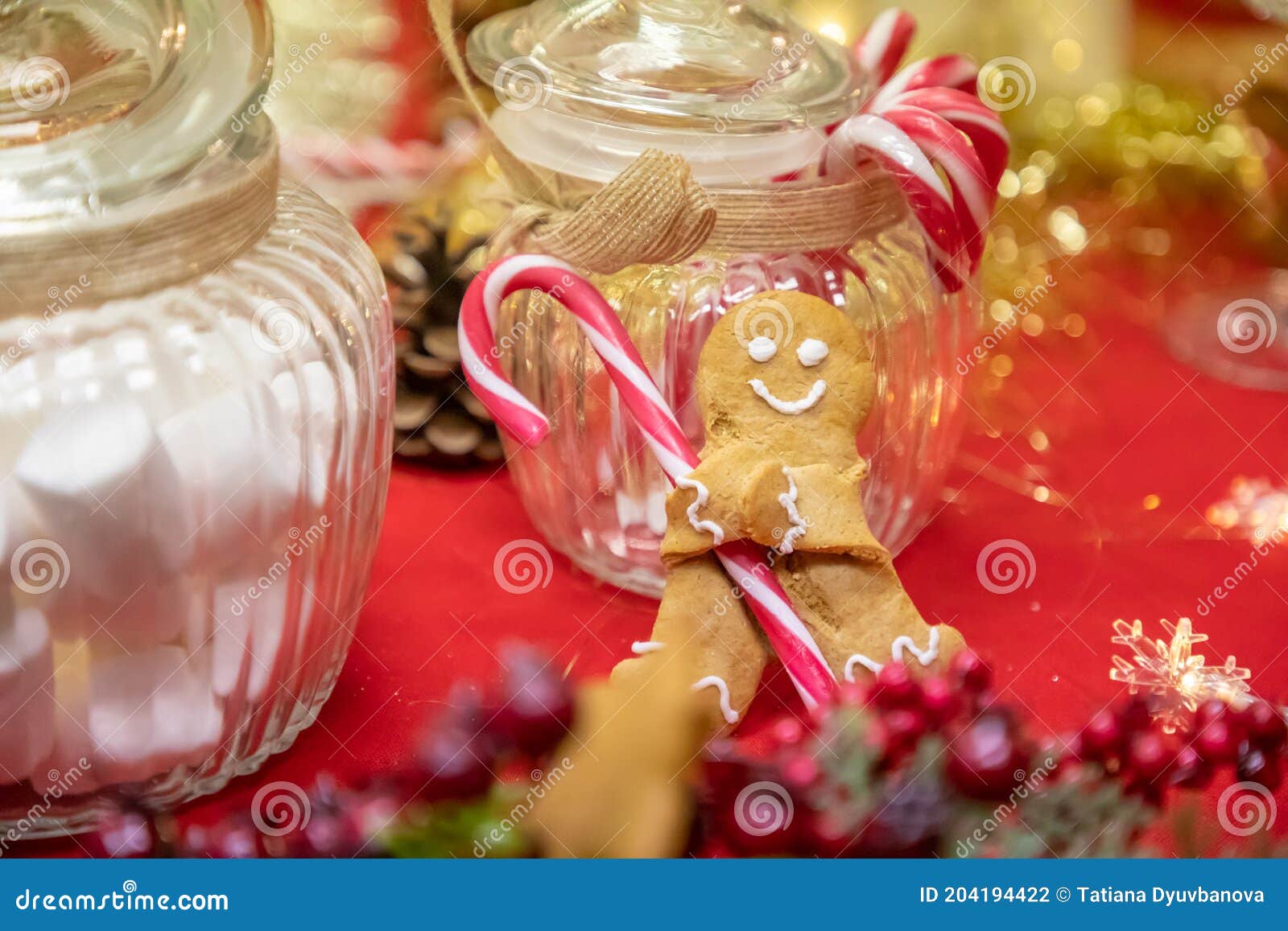 Gingerbread Man on Table with Christmas Decorations Stock Photo - Image ...