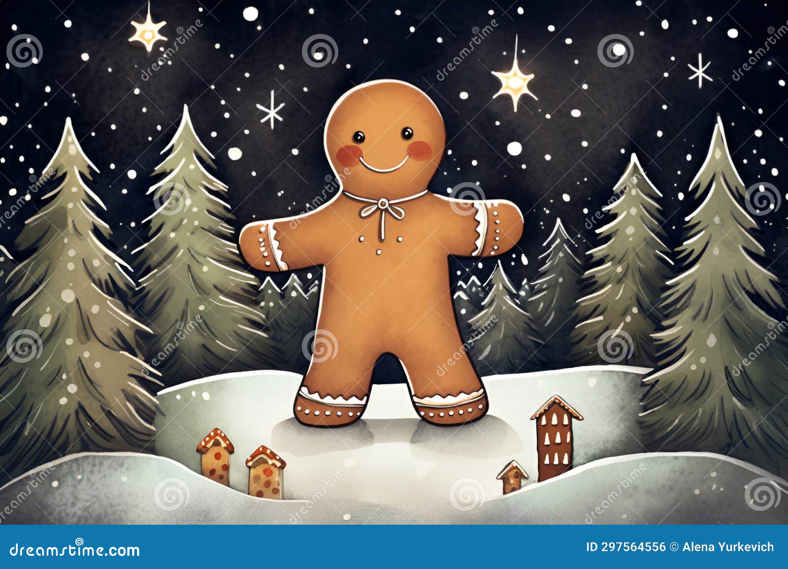 Gingerbread Man in Winter Scene, Christmas Postcard Stock Photo - Image ...
