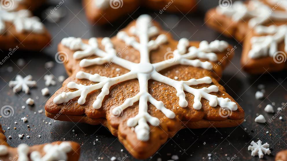 Gingerbread Snowflake Cookie with White Icing on Dark Surface Stock ...