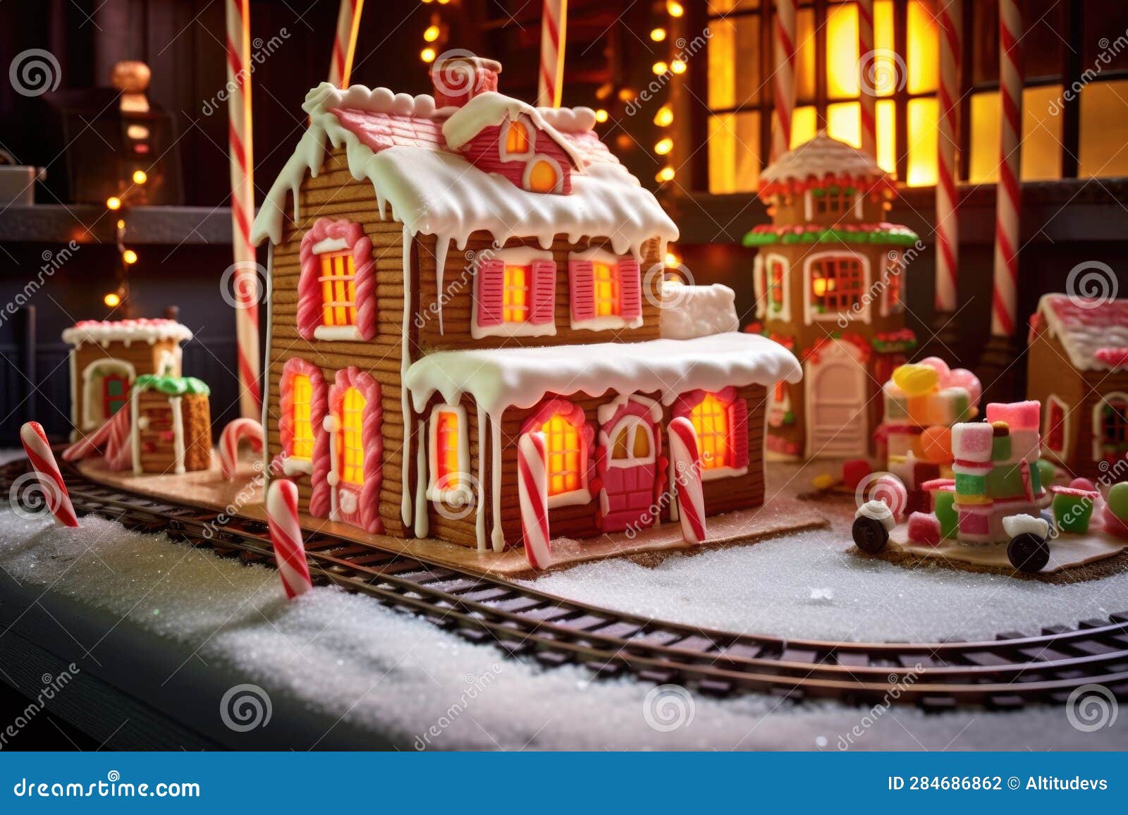 Gingerbread Train Station with Candy Cane Tracks Stock Illustration ...