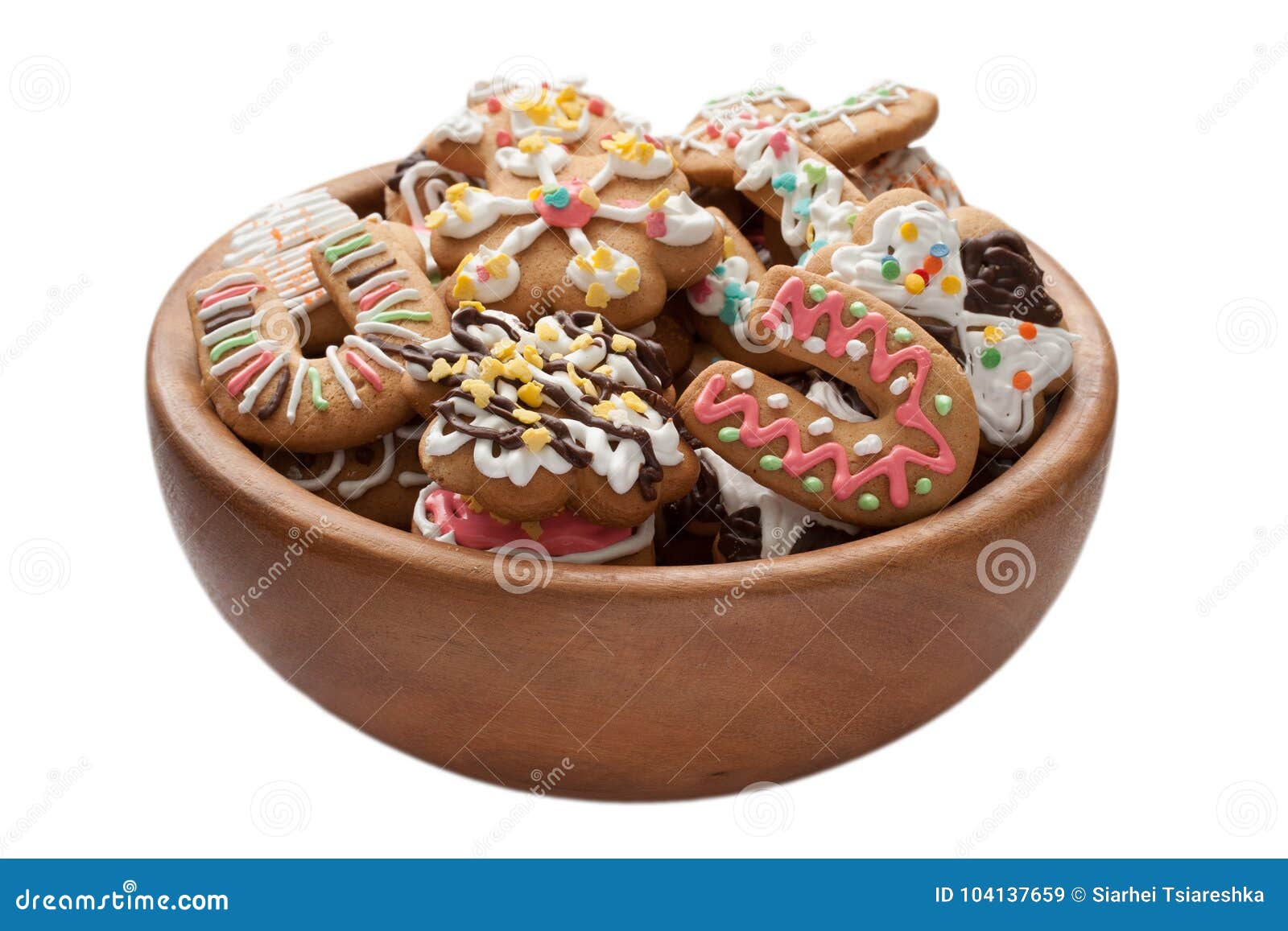 Gingerbread in Wooden Bowl. Isolated. Stock Image - Image of decoration ...