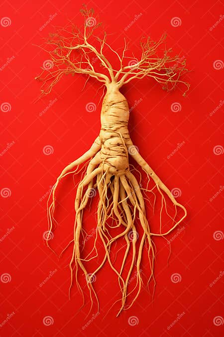 Ginseng Root with Roots on Red Background Stock Image - Image of ...