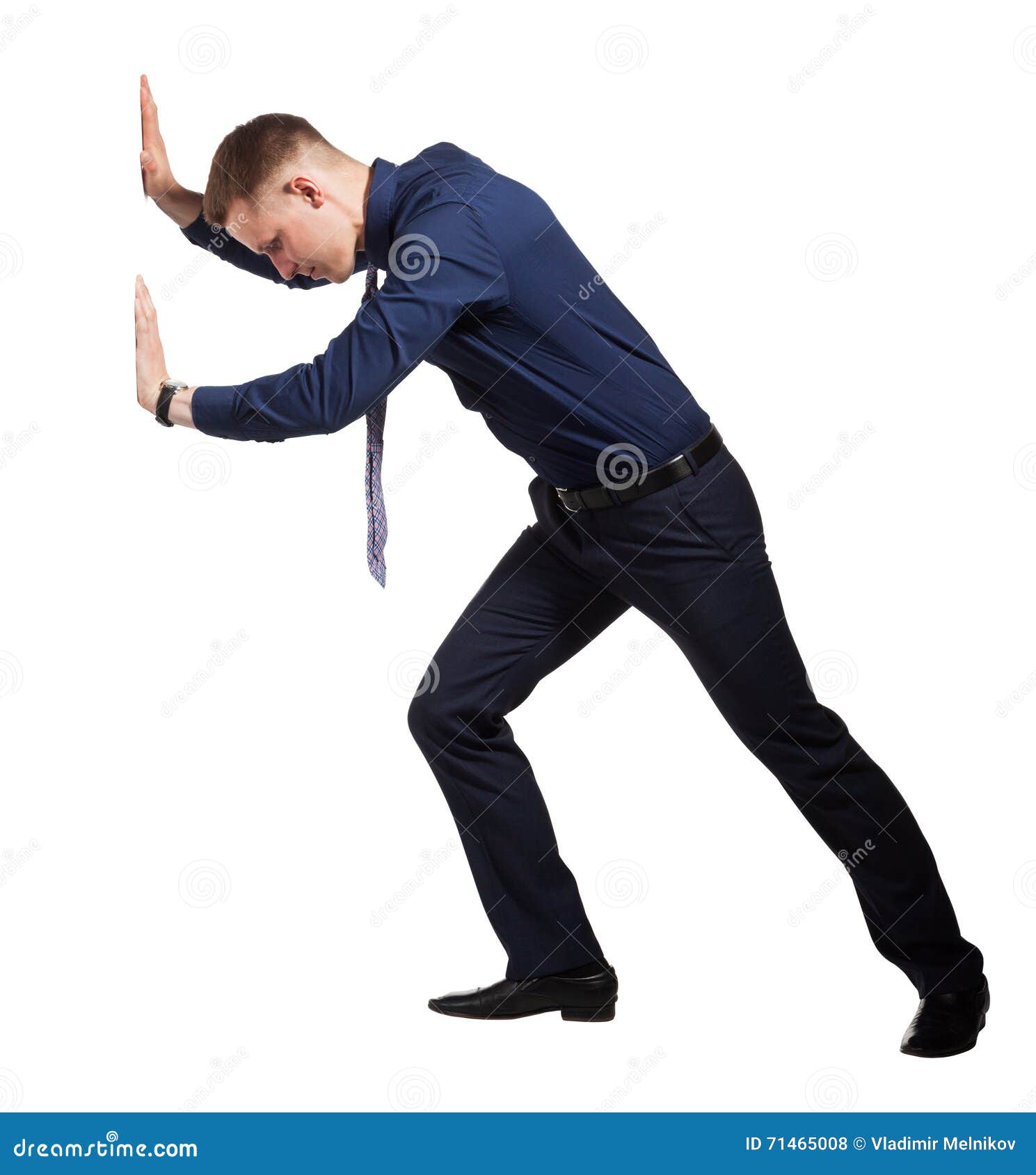 Giovane Uomo D'affari Che Spinge Parete, Su Bianco Fotografia Stock ...