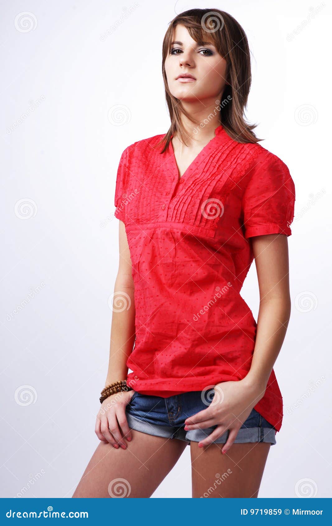 Gir in a red shirt. stock image. Image of studio, adult - 9719859