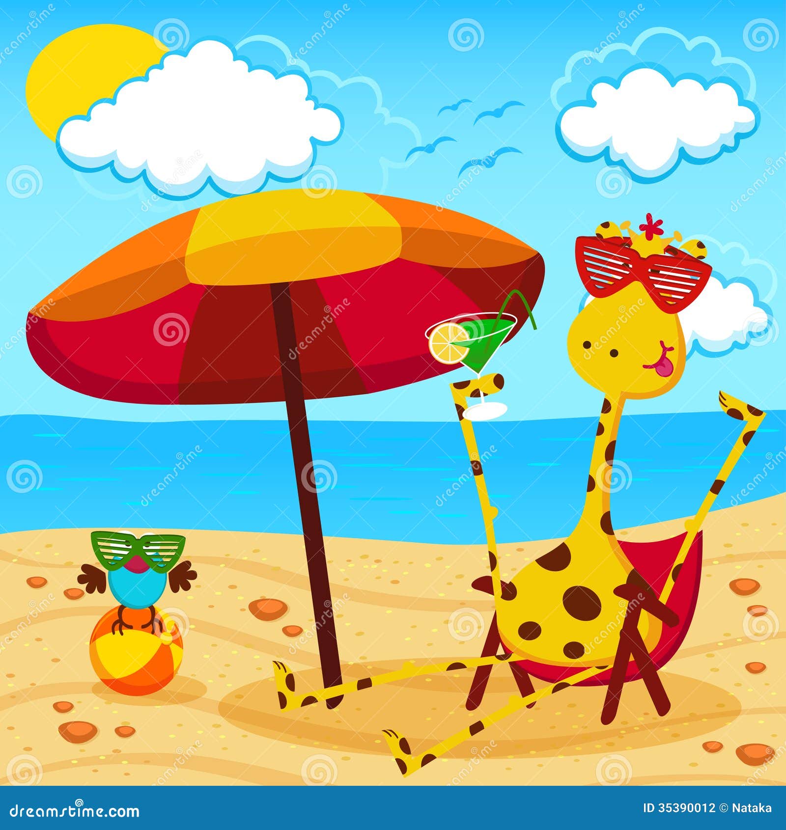 Giraffe and a Bird on the Beach Stock Vector - Illustration of sand ...